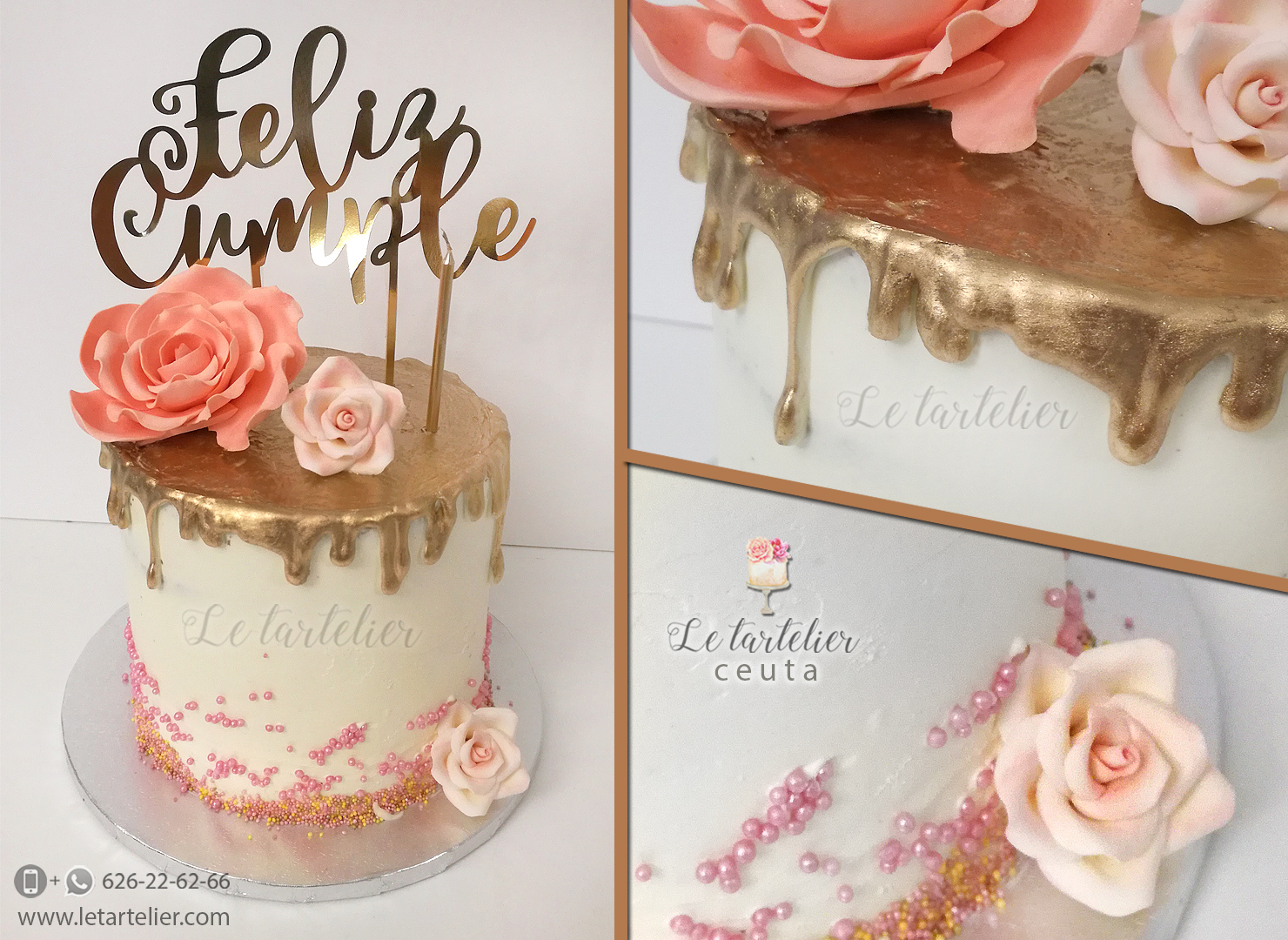 Drip cake con flores de azúcar. Le tartelier Ceuta.